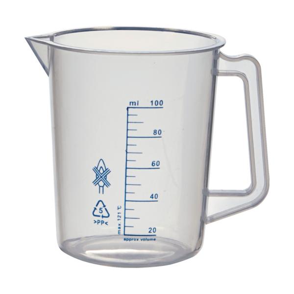 【仕様】●容量(ml)：100●目盛間隔(ml)：5(開始20)●外径(mm)：50●高さ(mm)：73●耐熱温度(℃)：121●タイプ：取手付●取手付●青目盛●耐熱温度：約121℃●オートクレーブ可能●目盛開始位置：20ml【型番】HPB...