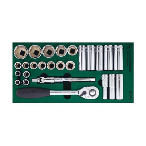 【仕様】●ケース色：緑●ケース寸法(mm)間口：375●ケース寸法(mm)奥行：180●ケース寸法(mm)高さ：45●セット内容(点)：27●差込角(mm)：12.7●適合本体：95107●ソケット内容：10〜34mm●ソケット内容(mm)...