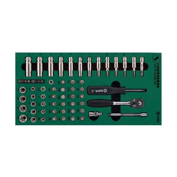 【仕様】●ケース色：緑●ケース寸法(mm)間口：375●ケース寸法(mm)奥行：180●ケース寸法(mm)高さ：45●セット内容(点)：63●差込角(mm)：6.35●適合本体：95107●ソケット内容：3.5〜14mm●ソケット内容(mm...