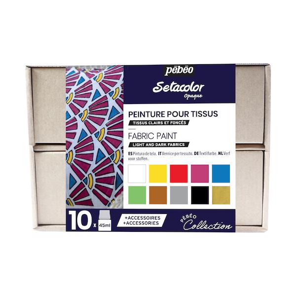 【仕様】●手描きやステンシルに適した布専用水性アクリル絵具。●45mlボトルｘ10色、セタカラー3D、セタマーカー、筆が入ったセットです。●セタカラーは、不透明色 【濃色・淡色生地用】 黒や赤、紫などの濃い色にも美しく発色します。●塗布面が...