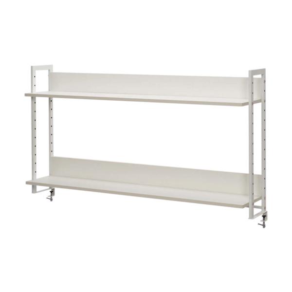 【仕様】●間口(mm)：1386●奥行(mm)：280●高さ(mm)：800●色：ホワイト●最大積載量(kg)：棚1段あたり約20Kg（均等荷重）●天板厚み15〜36mm、設置箇所奥行き40mm以上のデスクに取り付け可能●2段の棚は可動ピッ...