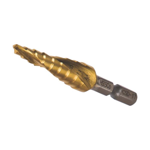 【仕様】●段幅(mm)：5●段数(段)：9●シャンク径(mm)：6.35●穴あけ寸法(φ)：4、5、6、7、8、9、10、11、12●全長(mm)：70●表面処理：チタンコーティング●刃数(枚)：2●シャンク形状：六角軸(6.35mm)●穴...