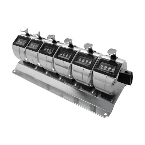 【仕様】●計数範囲：6連式各9999●縦(mm)：67●横(mm)：180.5●厚さ(mm)：70●取付穴径：3.5mm×4ヵ所●桁数：4桁●4桁、手押しによりカウント●右側のリセットノブ1回転により全連式一括リセット【型番】H-102M-...