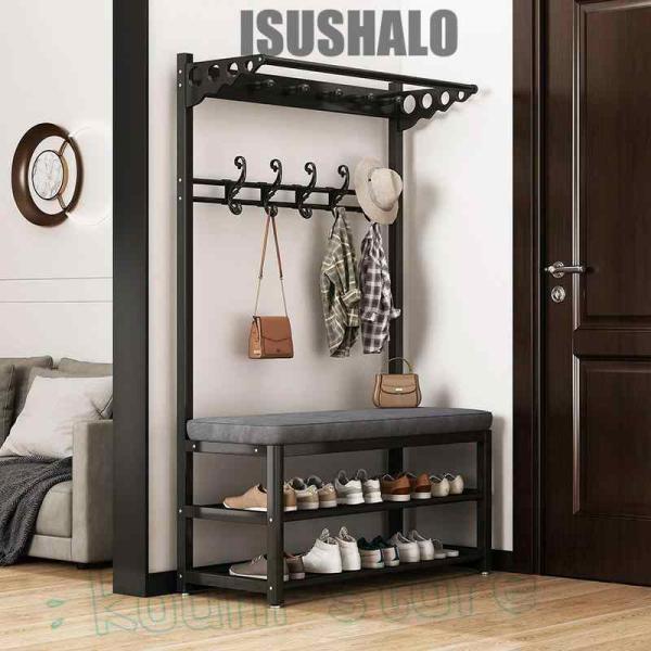【多機能収納、収納力抜群】靴棚と服掛けスタンドが融合した設計で、機能性のあるおしゃれな家具です。靴やスリッパなど収納しながら、カバンや帽子、マフラー、コート、鍵などを掛けることですっきりと収納できます。【頑丈で安定感が高い】高品質の厚鋼パイ...