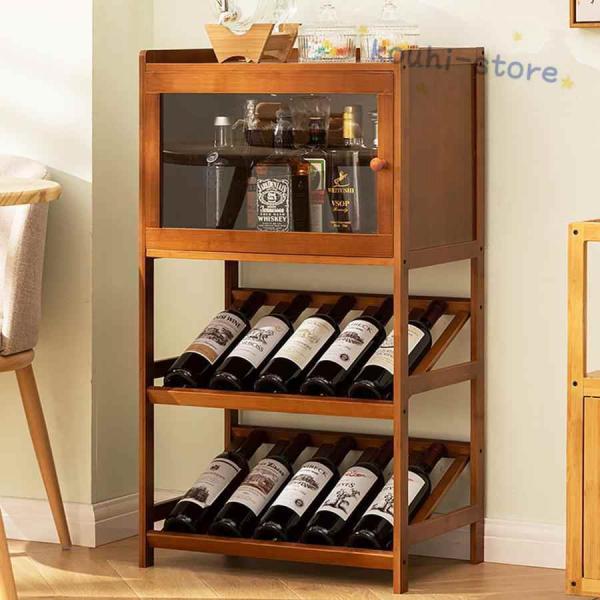 竹製酒 棚 収納コンパートメント付き お酒 棚 ボトルラック ワインラックワイン収納ラック ウイスキー 棚 お酒収納ラック 酒類貯蔵ロッカー 大容量 多く瓶サイズ