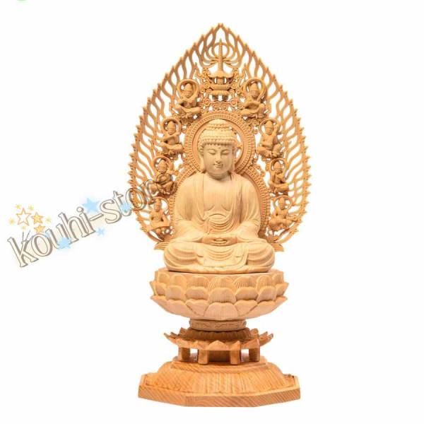 △ 製品材質：桧木（ヒノキ） / 重量：約500g / 製品サイズ：高さ：28cm 巾：12cm 奥行：12cm / 28cm仏像?豪華な装飾ながらスッキリとお仏壇に収まる形が特徴です。 / 手作業で測ったので少しの誤差が有ります（1cm以...