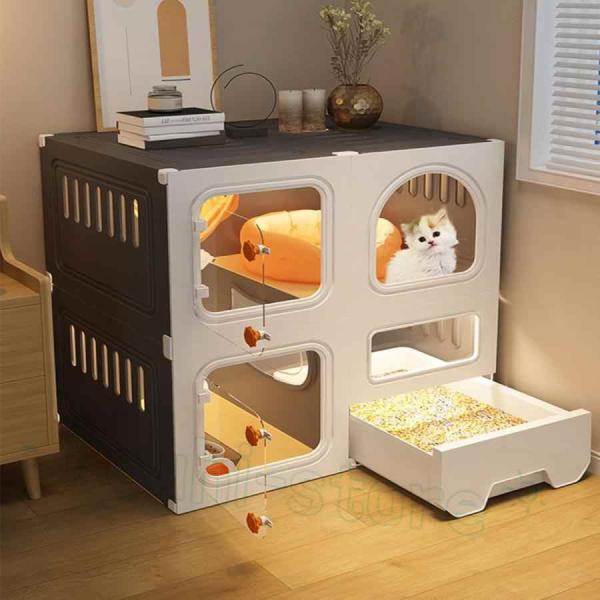 【奥行きが広いワイドタイプ-猫のケージ】三段構造で猫ちゃんものびのび！簡単組み立てできる三段キャットケージです。各パーツを自由に組立可能で、二段タイプ、三段タイプにもできます◎【簡単組立-キャットケージ】組み立て簡単。工具不要、パーツをはめ...