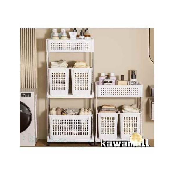 収納＋洗濯物カゴコンパクトに収納もでき、洗濯物を入れられるワゴンです。取り外し可能バスケット洗濯物を干しに行ったり、そのままコインランドリーに行くことも可能です。コンパクトなので、廊下や階段の移動も簡単にできます。便利な上部の棚タオルや、パ...