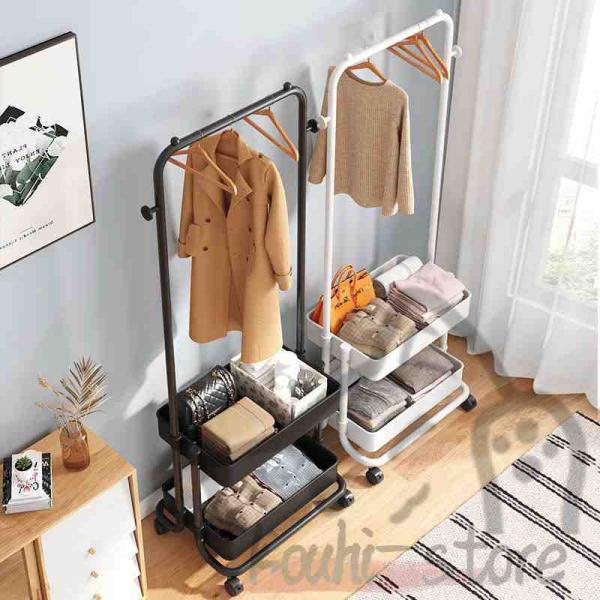 【1台で2役】ハンガー＆ダブルバスケットで洋服から小物まで御洒落に整理整頓！大容量の2段バスケットで、洋服と小物をまとめて収納出来るのでおすすめです！【キャスター付きで移動もスムーズ】四つのキャスターがあり、服などを掛けたままでスムーズに移...