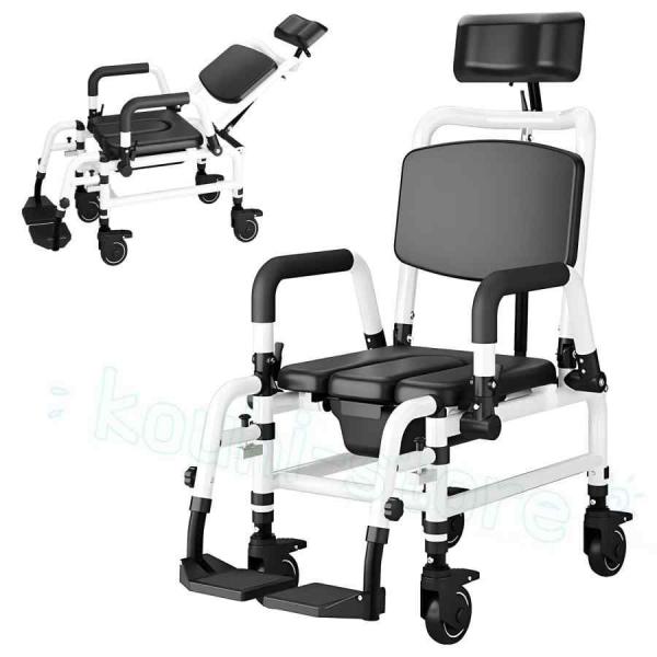 【沐浴・排泄・休息 3in1多機能設計】シャワーチェア、車椅子、ポルタトイレチェアとして防水アルミ素材で錆防止。便座付きで夜間もベッドサイドで排泄可能。リクライニング機能で90°（座位）?140°（半臥位）まで油圧ロッドによる片手操作でスム...