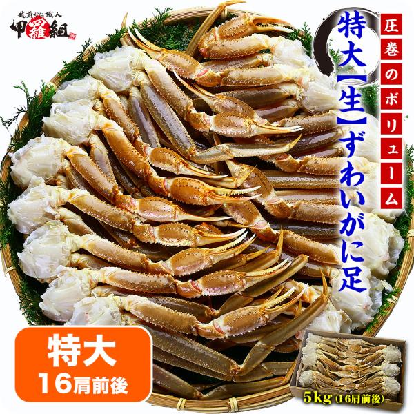 商品内容：特大生ずわいがに足5kg（16肩前後）＜原材料＞ロシア/オホーツク海産ズワイガニ、酸化防止剤賞味期限：冷凍−18℃以下で1ヶ月。解凍後は冷蔵保存にて当日中にお召し上がりください。お召し上がり方：流水で急速解凍し、加熱してお召し上が...