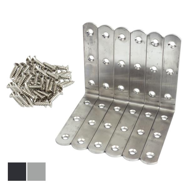 商品詳細サイズ：約100mm×約100mm×約19mm　　　　約5mm(ネジ穴)厚さ：約3mm重量：約73g（L字金具1個）材質：ステンレスセット内容：L字金具×同色6個、ネジ×同色36本製造国：中国※こちらの商品は機械による生産過程におい...