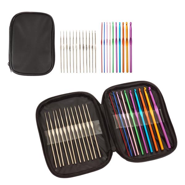 幅広い編み物を楽しめる編み針＆ケースセット!!編み針は持ちやすいフォルムでスイスイ編むことができます。針先は毛糸がかけやすく、目が落ちにくい！編み針に号数が書かれているので迷わずに適したサイズを見つけられます♪レース針×12本、かぎ針×10...
