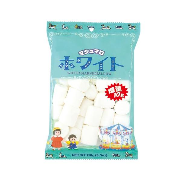 「商品情報」バニラ風味のプレーンマシュマロ。マシュマロの定番。 10g増量品です。(通常品100g)栄養成分100gあたり/熱量337kcal,たんぱく質3.3g,脂質0.2g,炭水化物80.4g,ナトリウム17mg「主な仕様」内容量:11...