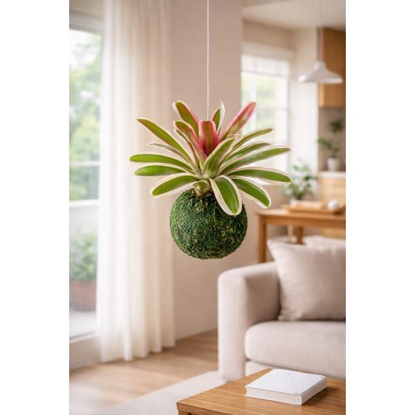 鮮やかなピンクとグリーンの葉色が美しい、ネオレゲリア・ファイヤーボールの苔玉ハンギングです。吊るして飾ることで空間に立体感が生まれ、お部屋のアクセントになります。リビングや窓辺、キッチンなど室内インテリアにおすすめです。【サイズ】・苔玉直径...