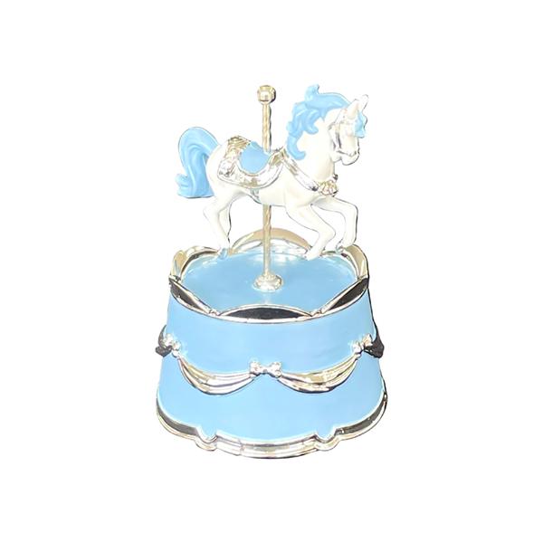 ★サイズ：高さ11.8cm x Φ7.8cm★材質：レジン・スチール★曲目は 「星に願いを」です。★底面の巻き鍵を回すとオルゴールの音色とともに木馬が回転します。