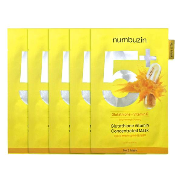 ◆商品名：5番 白玉グルタチオンcふりかけマスク 5枚入◆製造会社：numbuzin ナンバーズイン◆原産地：韓国送料無料対応※効果効能については個人差があります。※合わない場合は利用を中止し医師へ相談ください。※商品ページのカラーと実際の...