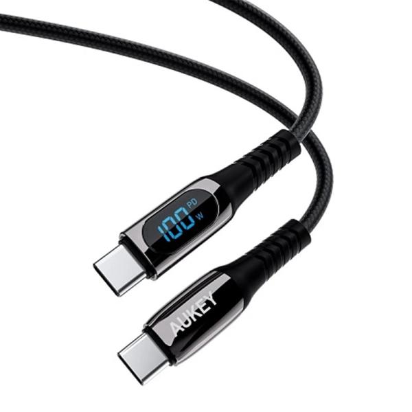 AUKEY（オーキー） USB-C TO Cケーブル CB-CC13-BK ブラック・デジタル表示機能搭載・急速充電・高速データ転送に対応・抜群の柔軟性と耐久性