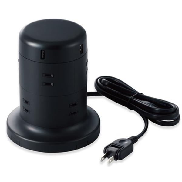 【発売日：2021年06月17日】エレコム タワー型8口タップ2m TT-U01-0820BK 8口タップ　2ｍ・合計最大出力が4.8AのUSBポートを5つ備えたタワー型8口の電源タップ・USBポートや差込口は360度放射状に配しており、会...