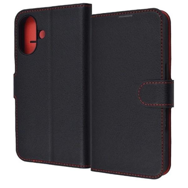 レイアウト iPhone 16用 手帳型レザーケース RT-P46ELC1/BR ブラック/レッド・大容量のカード収納・衝撃を吸収・軽量設計
