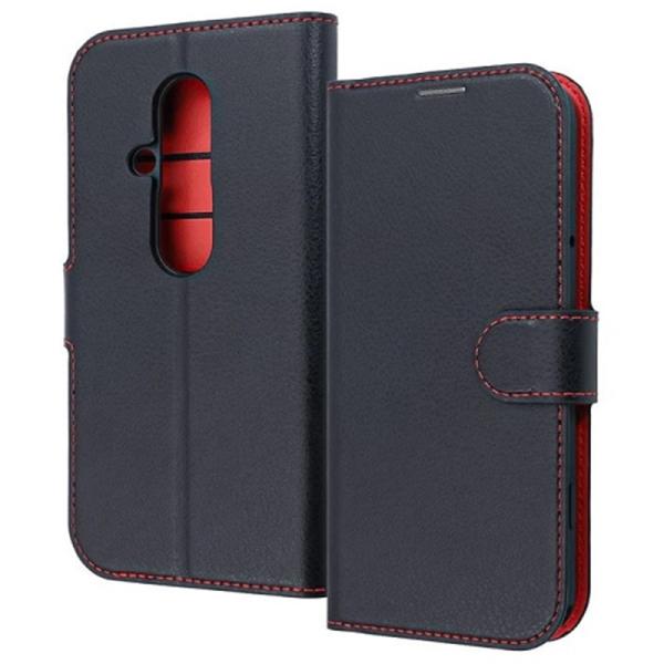 レイアウト らくらくスマートフォン F-53E用 Like standard 耐衝撃 ルーペ付き マグネットベルト シンプル 手帳型レザーケース RT-FRS24ELC9/BR ブラック/レッド・カードが入れられる大容量な収納ポケット・軽量...