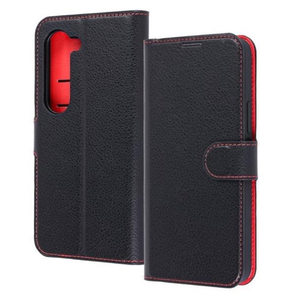 レイアウト arrows Alpha対応 手帳型レザーケース（Like standard） RT-ARALELC1/BR ブラック/レッド・ゆったり大きめの収納ポケット・四つ角のエアクッション構造とソフトなTPU素材のケースが衝撃をやわらげ...