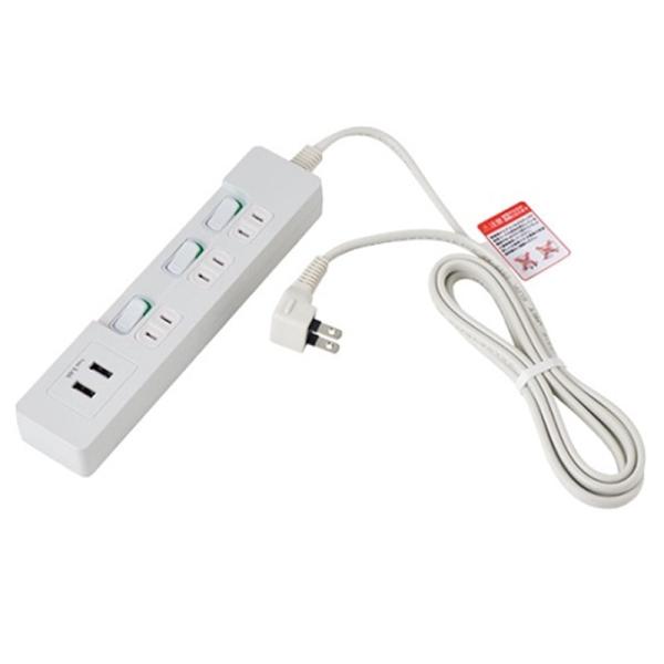 ELPA USBランプレス　スイッチ付タップ 2ｍ WLS-E3232UA(W) ・光らない個別スイッチで消費電力をカット・スッキリ配線できるL型プラグ・火災や感電を防ぐ断線に強いコード