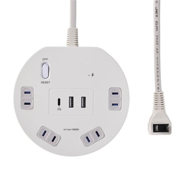 ELPA 丸形集中スイッチ付タップ　4個口 USBポート　A×2、C×1　雷ガード WLS-RR4322BUCW 白・PD対応で超速充電・ブレーカー内蔵集中スイ ッチ・誘導雷を吸収。雷から接続機器を守る