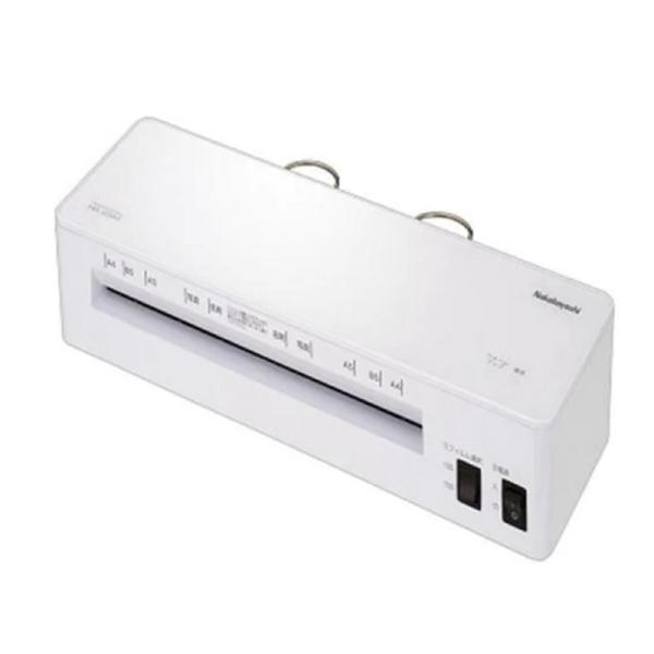 ナカバヤシ ラミネータ（A4サイズ） HEL-03A4W ホワイト・ウォームアップ約60秒、A4用紙加工速度約44秒。電源を入れてから約144秒で1枚目が完成。