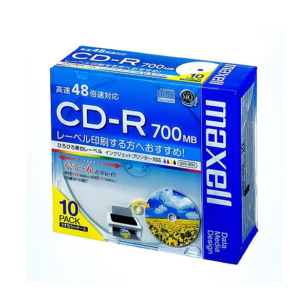 maxell（マクセル） データ用ＣＤ−Ｒ　ワイドプリンターブル CDR700S.WP.S1P10S ・高速記録でも安定した記録特性。・外径118mmから内径22mmまで美しくワイドな印刷が可能。・2〜48倍速対応