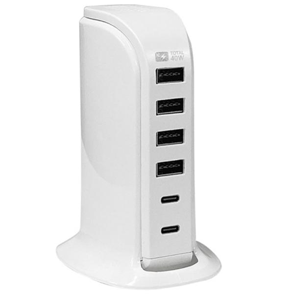 カシムラ AC充電器 AC Type-C2P USB-A4P 40W 自動識別 リバーシブル AC-044 ホワイト・USB機器を6台同時に充電可能・自動識別IC搭載・電源ケーブル付属