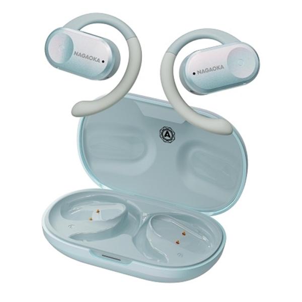 ナガオカ 可動式オープンイヤー型完全ワイヤレスイヤホン BT832OWSPBL パールブルー・120°の角度調整を可能とした可動式イヤーフック搭載・「ながら聴き」を楽しむことができるオープンイヤー型・最大約8時間の長時間音楽再生が可能