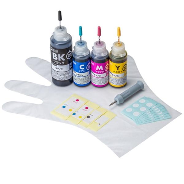 サンワサプライ キヤノン詰め替えインク４色セット（汎用） INK-CBCM4S30S 顔料ブラック、シアン、マゼンタ、イエロー・詰め替え約4〜10回分・純正インクと比較して大幅なコストダウンが見込めます・初めての方も安心な工具付き