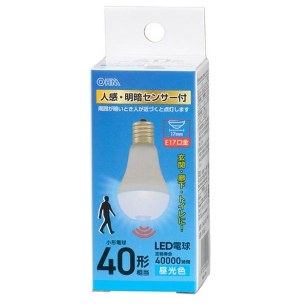 オーム LED電球 LDA4D-G/E17 PIR 昼光色　40W形相当/E17口金・人感・明暗センサー搭載・約2分後に自動消灯・消灯お知らせ機能付き