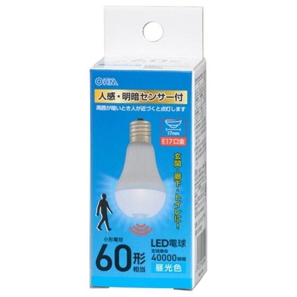 オーム LED電球 LDA7D-G/E17 PIR 昼光色　60W形相当/E17口金・人感・明暗センサー搭載・約2分後に自動消灯・消灯お知らせ機能付き