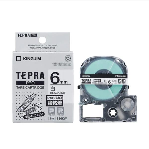 キングジム 「テプラ」PROテープカートリッジ 強粘着ラベル SS6KW ・「テプラ」PROテープカートリッジ 強粘着ラベル・はがれやすいPP素材やシボのあるところでもしっかり貼れる。・テープ幅：6mm　テープ色×文字色：白×黒