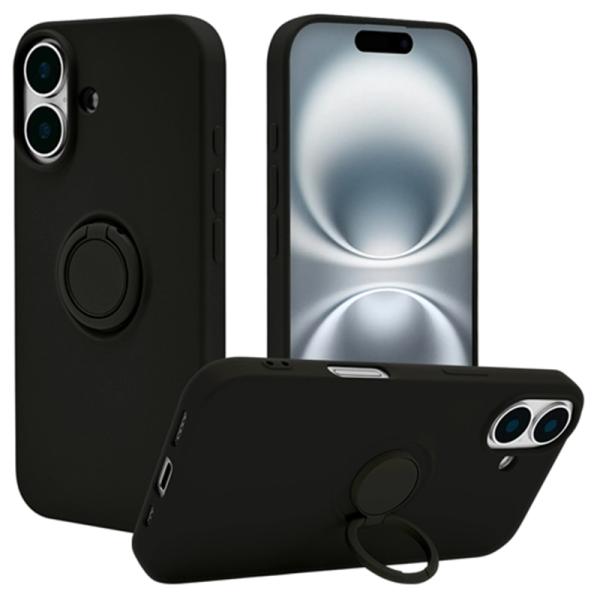 ラスタバナナ iPhone 16 ケース　スマホリング付 8130IP461TPRBK ブラック・さらさら質感で指紋が付きにくいTPU素材の、落下防止リング付き背面ケース・指が通せて操作安心、視聴スタンドにもなるフィンガーリング付き・開いた...