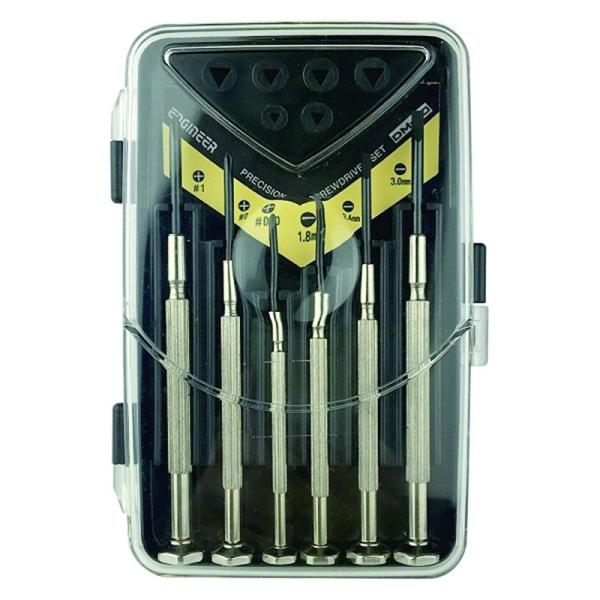 ENGINEER 精密ドライバーセット DM-60 ・時計、カメラ、眼鏡などに使用される精密小ネジ用。 ・細軸・ローレット加工で奥まった所でも作業性抜群。 ・持ち運びに便利なケース入り