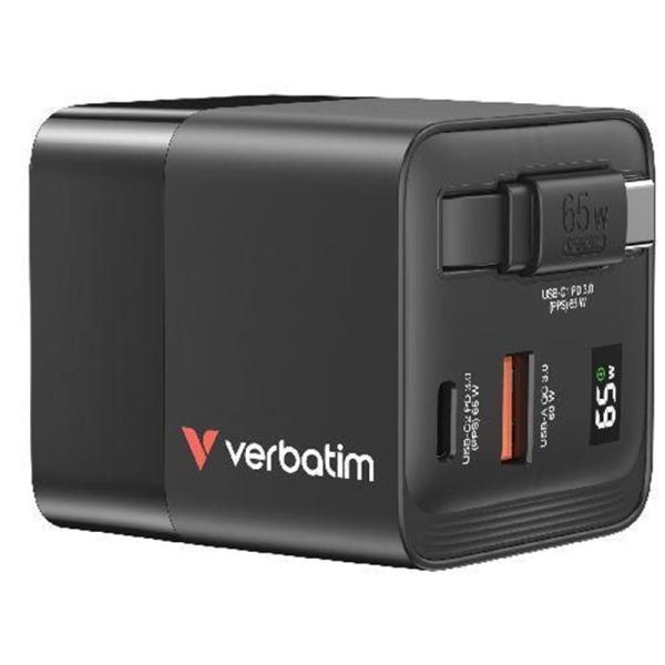 バーベイタム Verbatim GANRC65-2V1 GaN充電器 65W USB-Cポート×2 USB-Aポート×1 収納式ケーブル付き GANRC65-2V1 ブラック・最大65W USB PD対応充電器・GaN（窒化ガリウム）技術採...