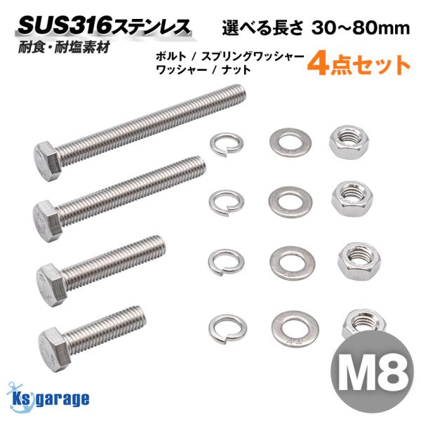 船 ボート 漁船など、海での使用を目的に作られたSUS316 ステンレス製 ボルト / ナット / ワッシャー / スプリングワッシャー セットです。Ksgarageオリジナル 可動式サーチライト架台 の取付ボルトに最適！オーニングテントの...