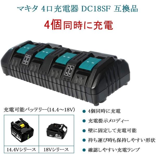沖縄・離島は別途送料がかかります【商品仕様】型番：マキタ 4口充電器 DC18SF 互換品14.4V-18V 3A 4個同時充電 本機サイズ：長さ 167mm ×幅 440mm ×高さ 105mm　重さ：2.1KG【4個同時充電】4個同時充...