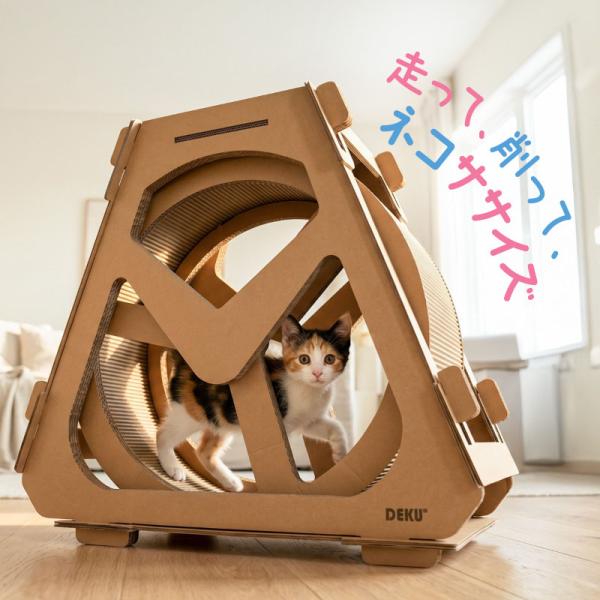 【発売日：2026年05月28日】キャットホイール 猫 静音 ランニングホイール 段ボール キャットランナー 回し車 爪とぎ 回転 運動不足 ストレス解消猫の運動不足やストレス解消に役立つキャットホイールです。  ホイール上部には天井爪とぎ...