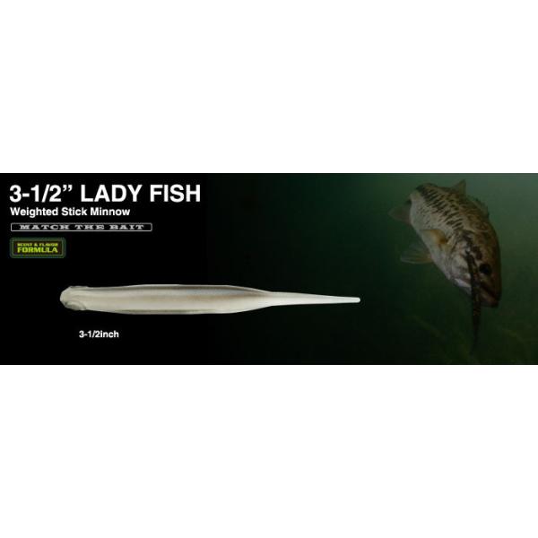 ワカサギやオイカワといった小型ベイトフィッシュを確実にイミテートしてしまうのが「3-1/2”レディーフィッシュ」。独特なテーパーを持ったボディラインは、テールを小刻みに震わせる為のアクション重視のデザイン。フォーリング中でも微妙にテールを震...