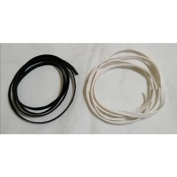 鹿の皮ひもです。5mm幅のものです。長さは90cmです。厚さ1mmから1.2mmくらい自然なものですので、若干色合いが変わったり厚さが変わったりいたします。 色は白、黒ペンダントヘッド、ビーズを通して、ネックレスに、ブレスに