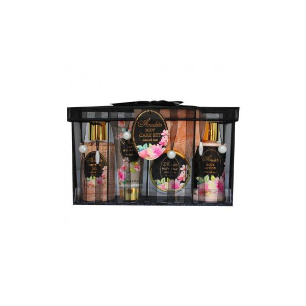 シャワージェル、ボディローション、バスソルト、ハンド＆ネイルクリーム、ボディスポンジがセットになった、大容量でお得なボディケアギフト。華やかなオリエンタルローズの香り。