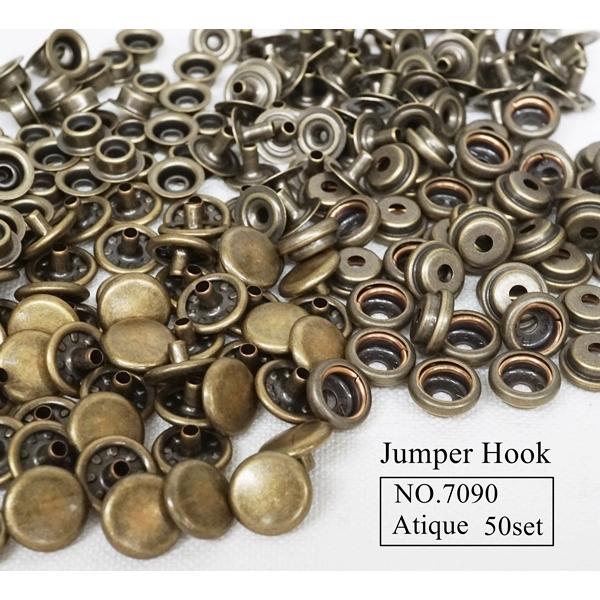 〇素材　鉄〇カラー　アンティーク(AG)〇サイズ　頭: 直径9.6mm 足3mm- 足: 4.5mm　画像参照〇個数 ４つ組を5０セットNO.7090番の日本製(HATO)のジャンパーホックです。お得な50組セットです。頭径が9.6mmとジ...