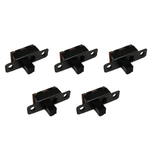 注文数1で5個です。1回路2接点(中点無し)タイプです。小さめのスライドスイッチです。取り付け穴間隔は14.7mm