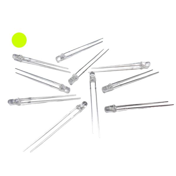 注文数1で10個です。IV:1000mcd 波長:565-575nm 半減角:30° VF:1.8V-2.6V IF:20mA