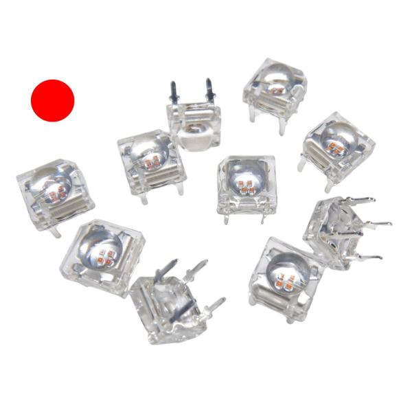 注文数1で10個です。外形は7.7mm*7.7mm、レンズ部はφ5.0mmです。波長:625nm IV:4000mcd 半減角:90° VF:2.0V-2.2V IF:80mA（4chips）