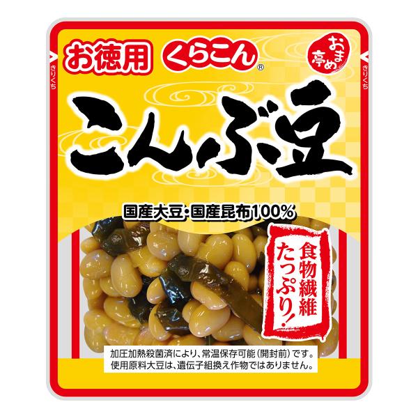 国産大豆と国産昆布を100%使用。黒砂糖を合わせ、コクとまろやかさのあるやさしい甘さに仕上げました。大容量タイプで、たくさん食べたい方におすすめです。食物繊維たっぷりで、お弁当やおかず、箸休めにピッタリです。遺伝子組換え原料豆は使用しており...